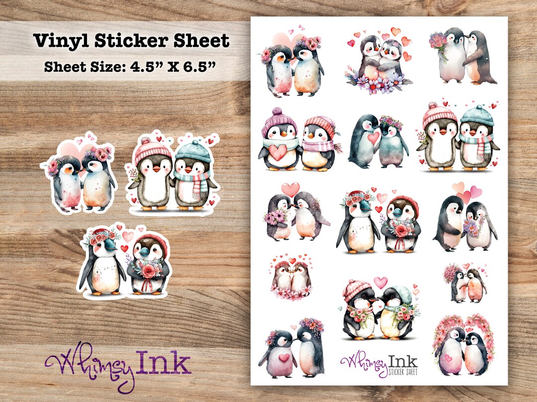 Valentine's Day Penguins Vinyl Sticker Sheet Great for Planners ...