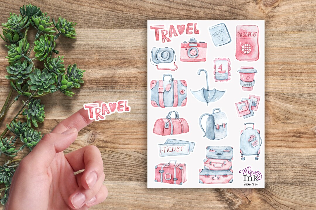 Pink and Blue Watercolor Travel Themed Vinyl Sticker Sheet Great for ...