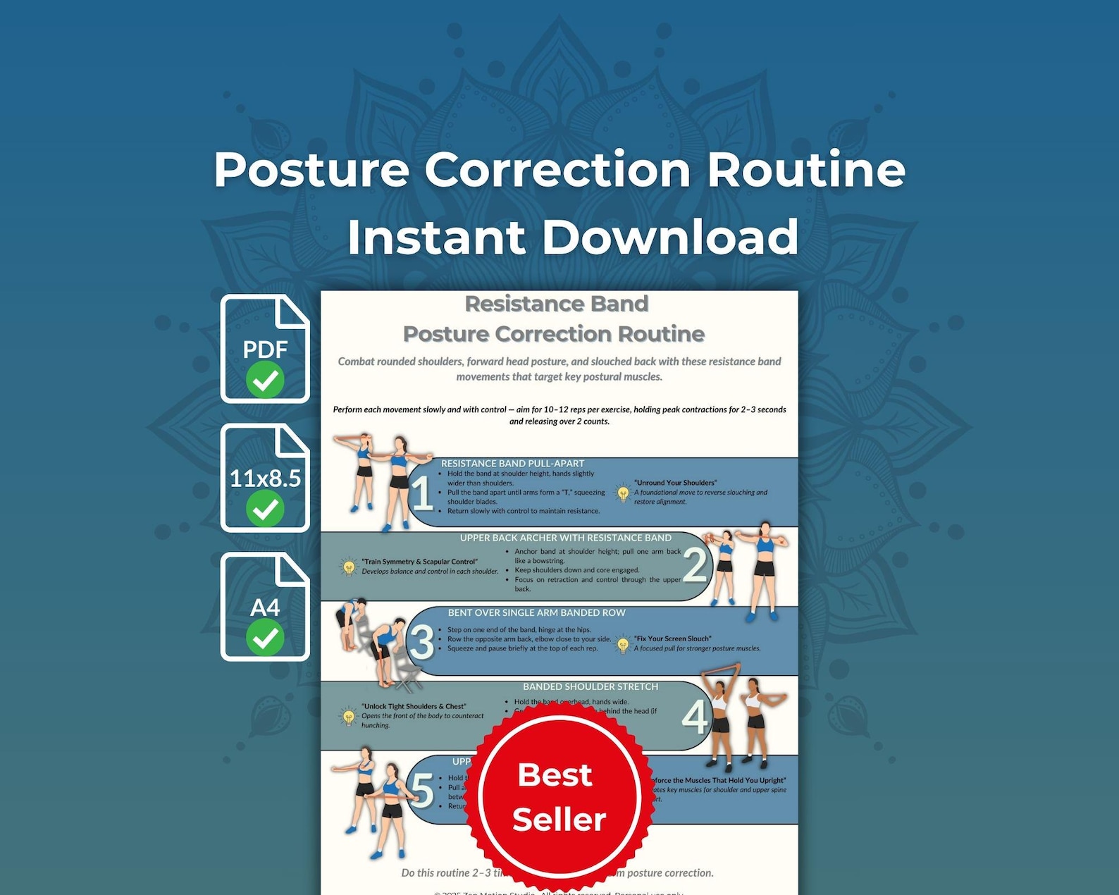 Posture Correction Stretches Printable, Resistance Band Back Pain ...
