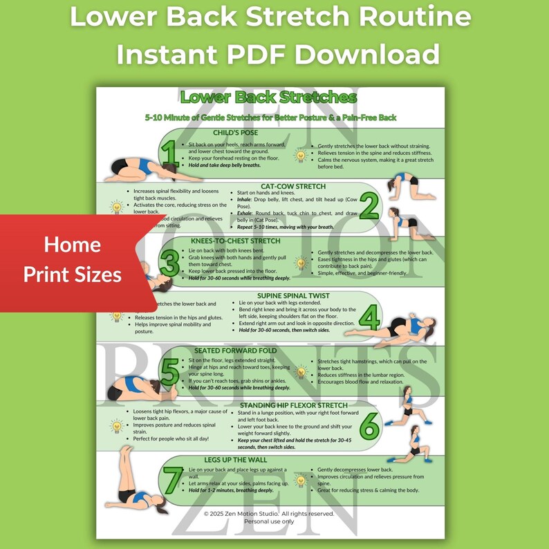 Lower Back Stretch Routine Printable – Gentle Relief for Back Pain and ...