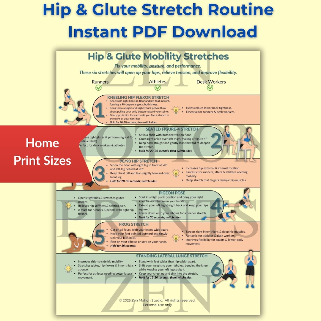 Hip & Glute Stretch Routine Printable – Relieve Tight Hips, Sciatica ...