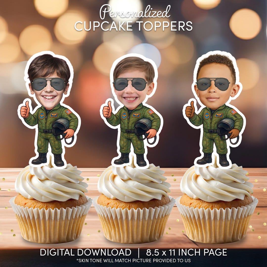 Fighter Pilot Face Cupcake Toppers | Personalized Party Decor | Custom ...
