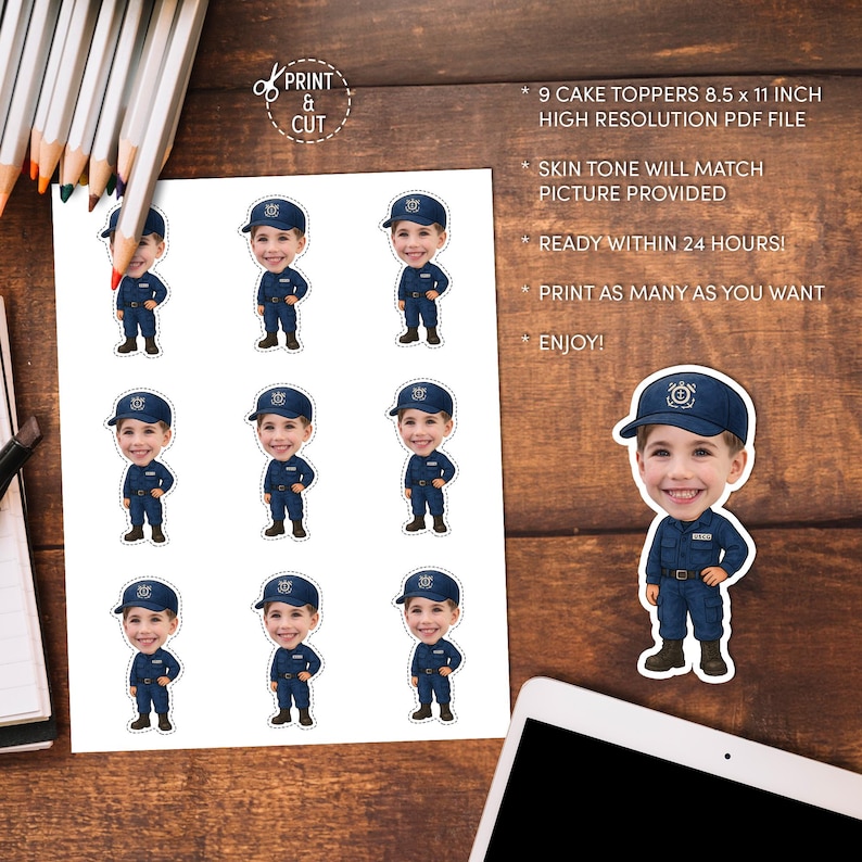Coast Guard Face Cupcake Toppers | Personalized Party Decor (digital ...
