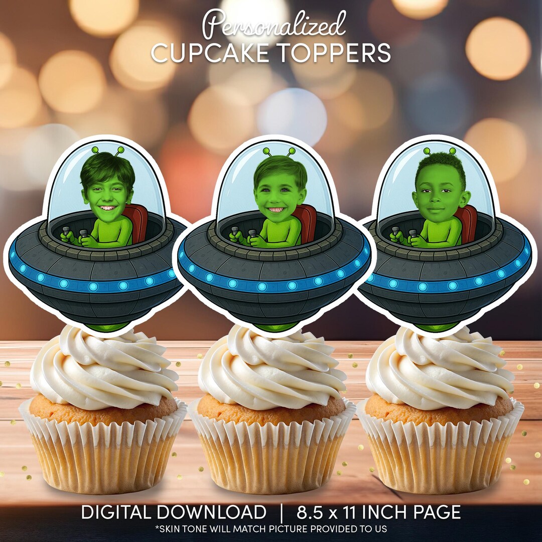 Personalized Alien Face Cupcake Toppers | Birthday Party Decor (digital ...
