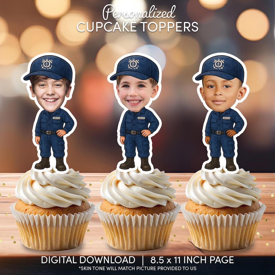 Coast Guard Face Cupcake Toppers | Personalized Party Decor (digital ...