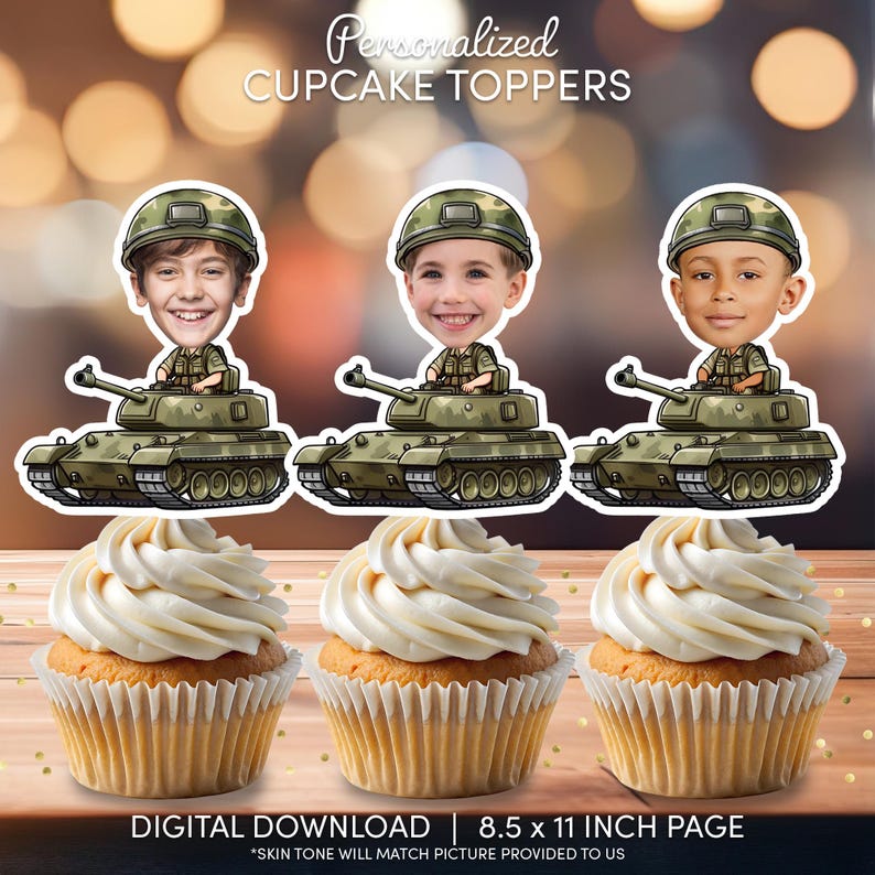 Army Soldier Tank Face Cupcake Toppers | Personalized Party Decor ...