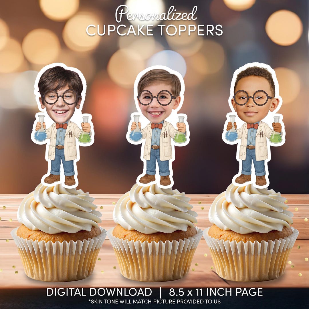 Scientist Lab Face Cupcake Toppers | Personalized Party Decor | Custom ...