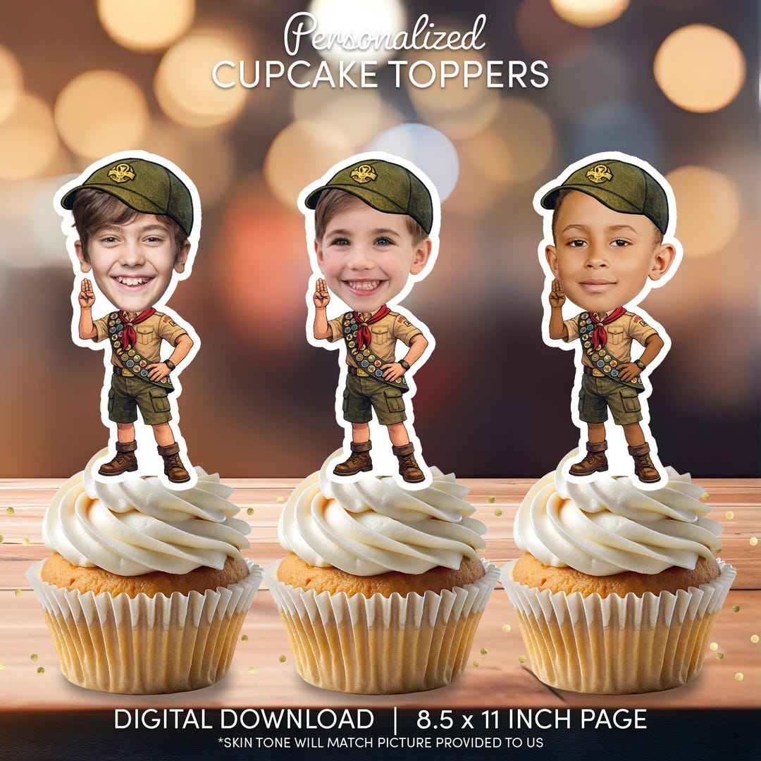 Personalized Boy Scout Face Cupcake Toppers | Camp Scout Birthday Party ...