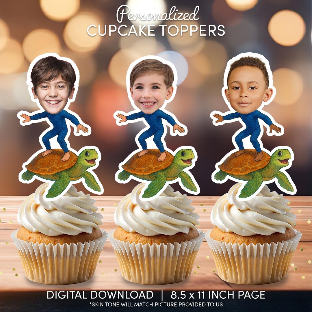 Surfer Turtle Face Cupcake Toppers | Personalized Party Decor | Custom ...