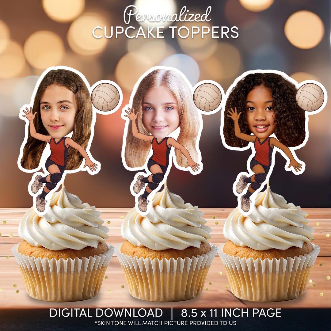 Personalized Volleyball Face Cupcake Toppers | Birthday Party (digital ...