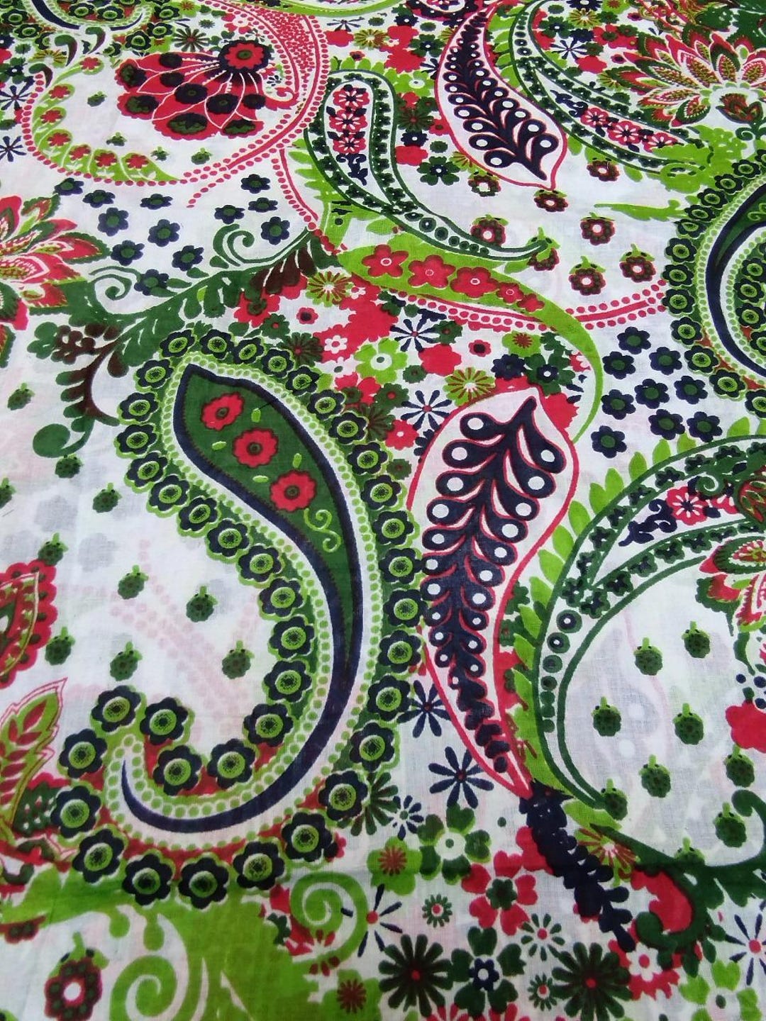 Retro Paisley Print Cotton Fabric, Green Blue Red, 60s Style, 44" Wide ...