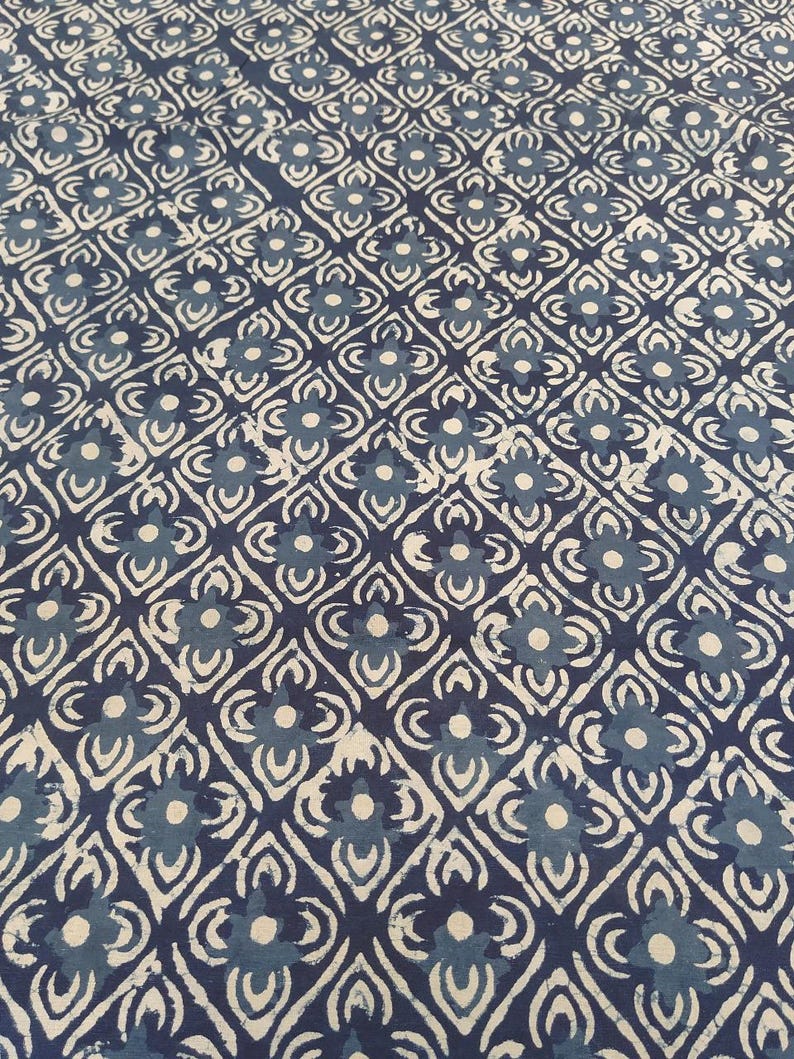 Indigo Dabu Cotton Fabric, Floral Block Print, Indian Textiles (44 ...