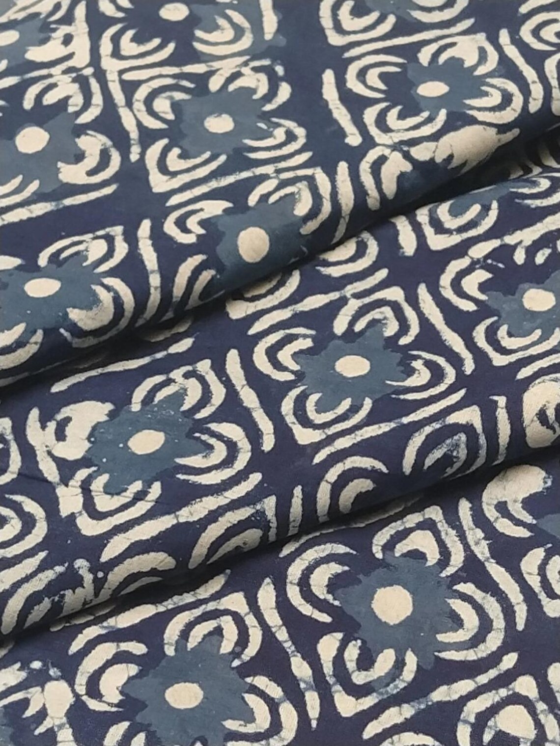 Indigo Dabu Cotton Fabric, Floral Block Print, Indian Textiles (44 ...