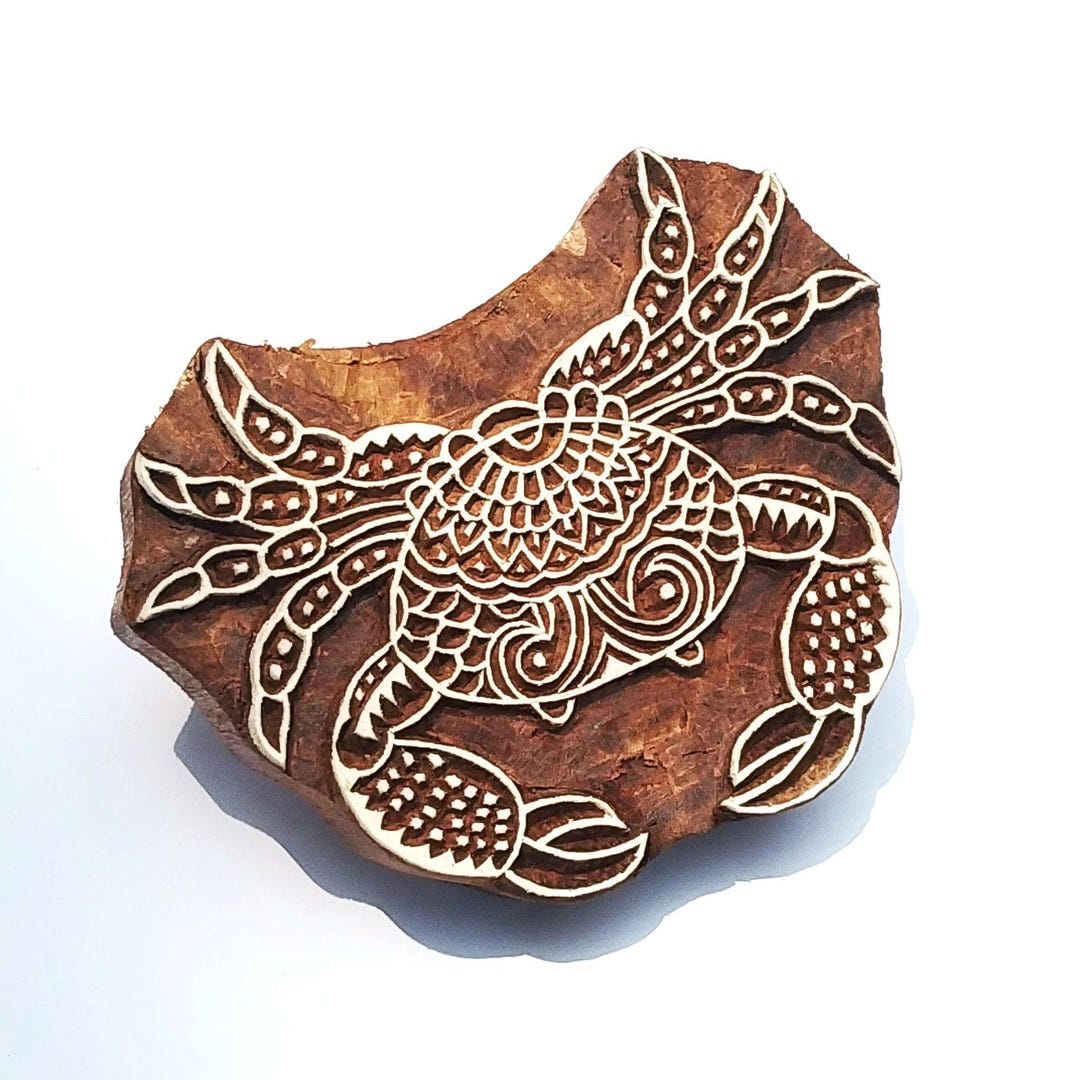 Hand Carved Crab Wood Block Print: Nautical Textile Stamp (4x3.5 Inch ...