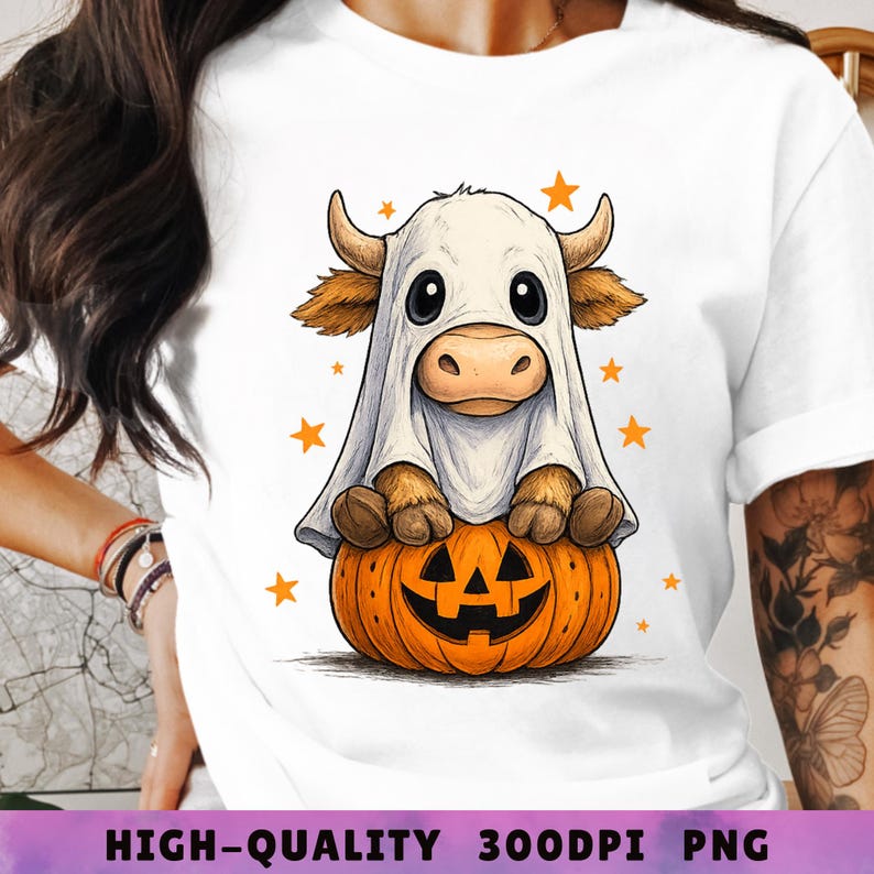 Moo I Mean Boo Cow PNG, Cute Ghost Cow on Pumpkin Png, Retro Western ...