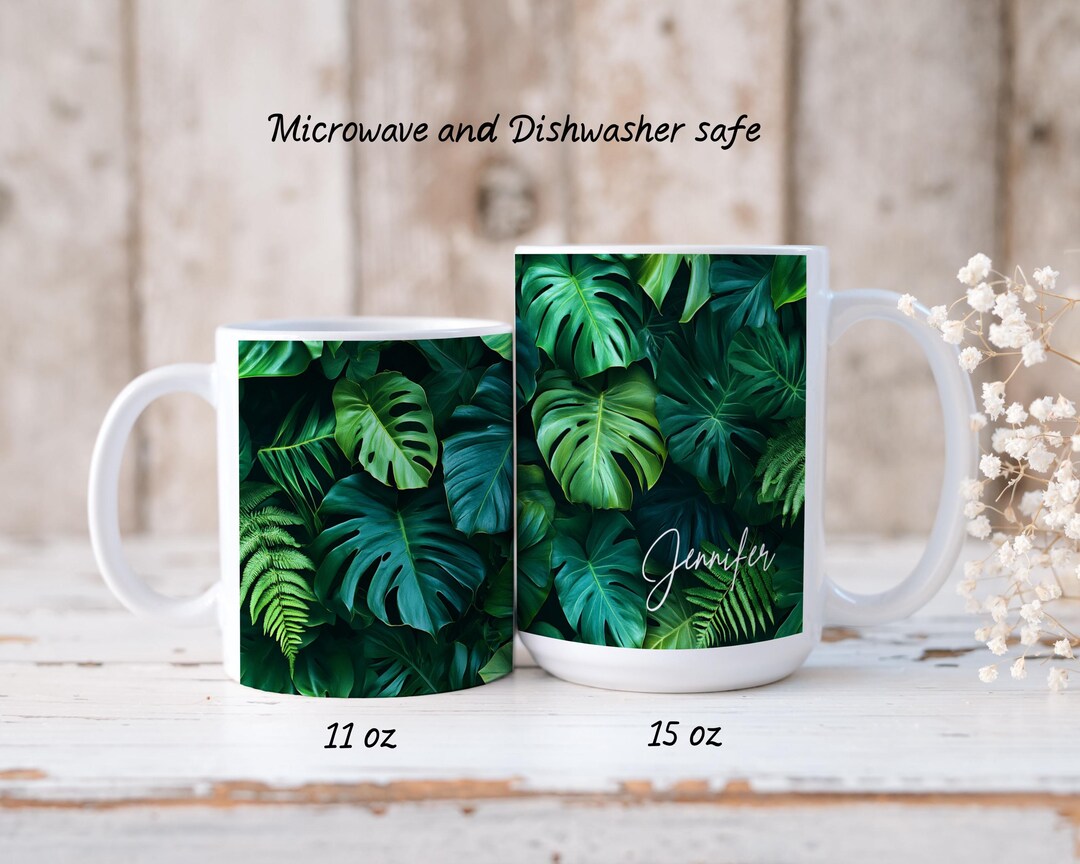 Tropical Leaves Coffee Mug With Custom Name--lush Rainforest Graphic ...