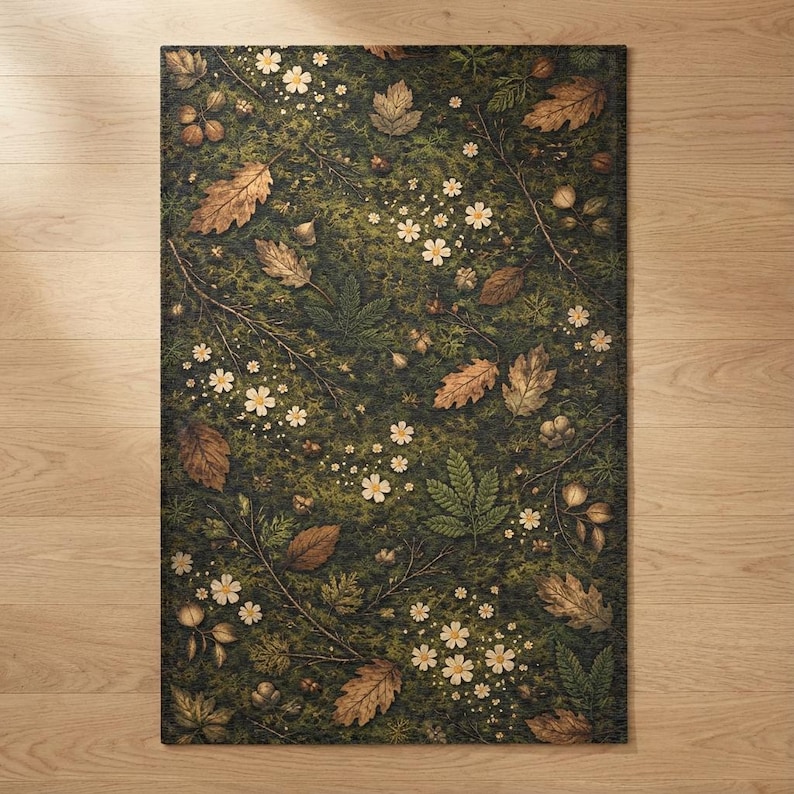 Forest Floor Area Rug | Moss Botanical Woodland Rug With Leaves Flowers ...