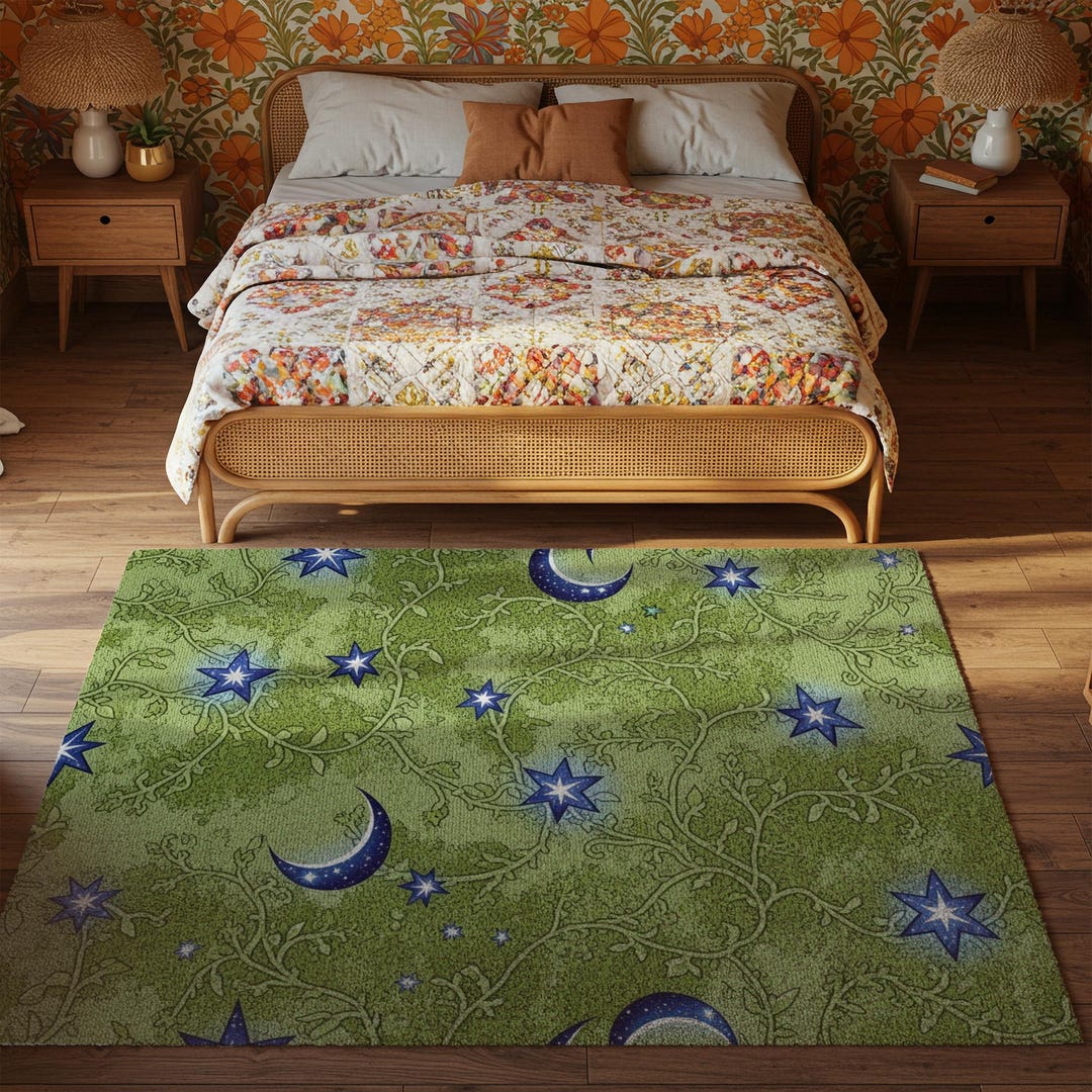 Whimsigoth Celestial Rug: Moon, Stars, Green Vines - Washable - Etsy