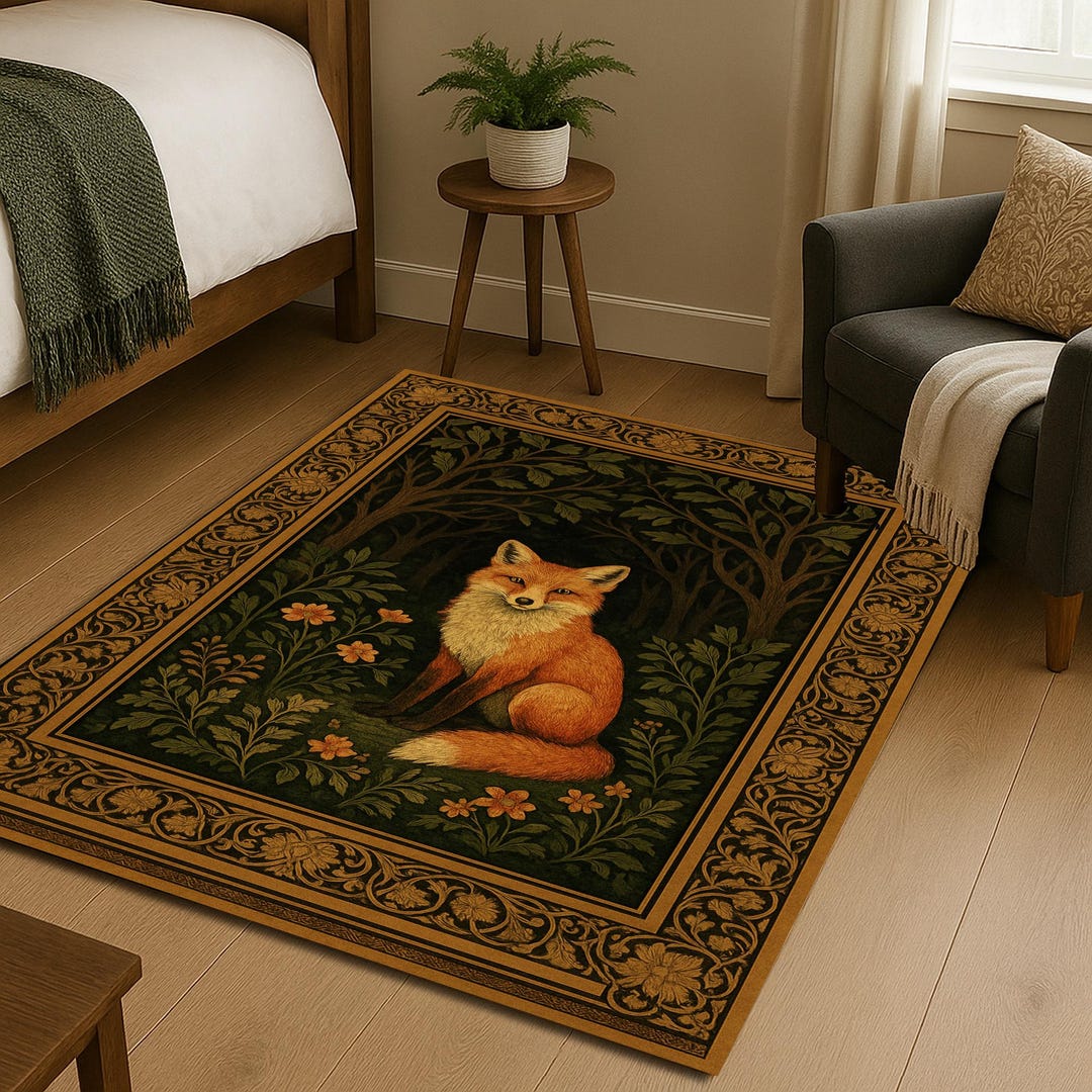 Whimsical Fox Area Rug: Floral Animal Carpet, Dark Academia Decor - Etsy