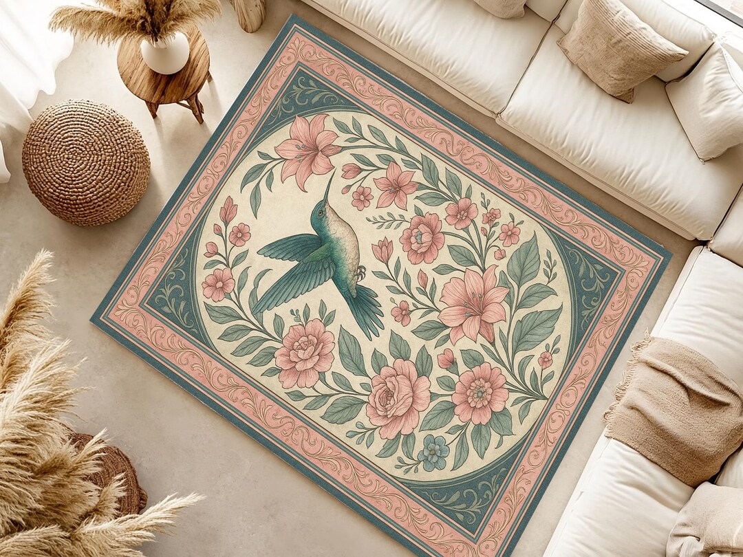Hummingbird Floral Area Rug ,boho Botanical Carpet, Nature-inspired ...