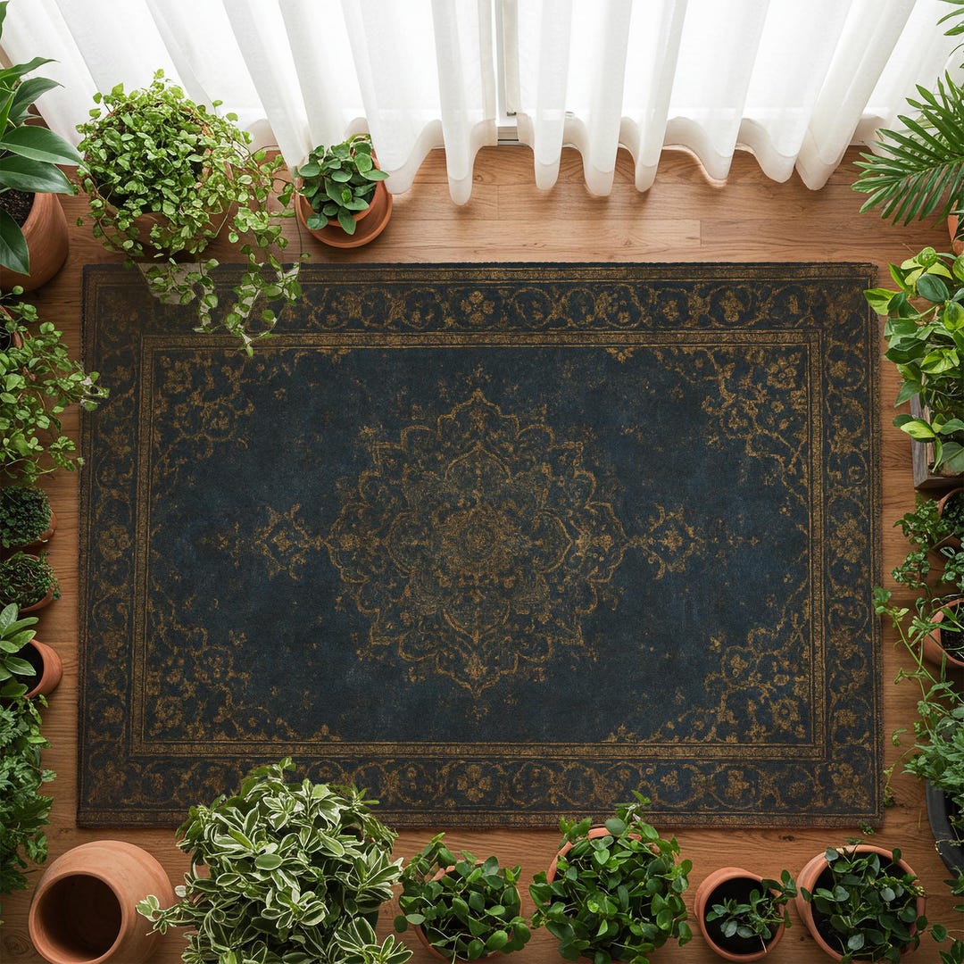 Sapphire Blue Medallion Rug | Vintage Distressed Gold Carpet - Etsy