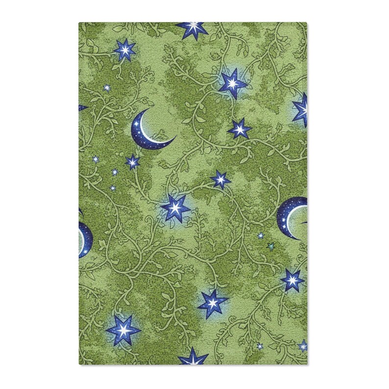 Whimsigoth Celestial Rug: Moon, Stars, Green Vines - Washable - Etsy
