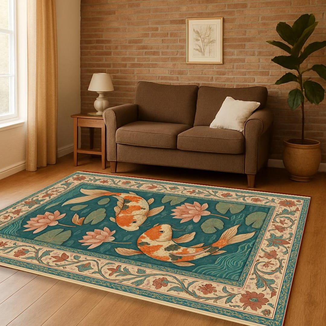 Koi Fish Area Rug, Japanese Carp Pattern Carpet, Lotus Pond Design Rug ...