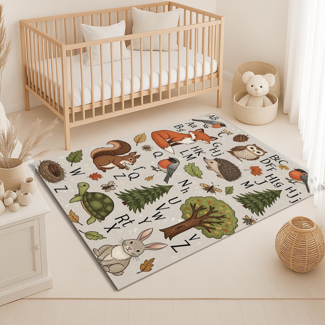 Woodland Animal Alphabet Rug: Kids Nursery Play Mat Nature Decor - Etsy