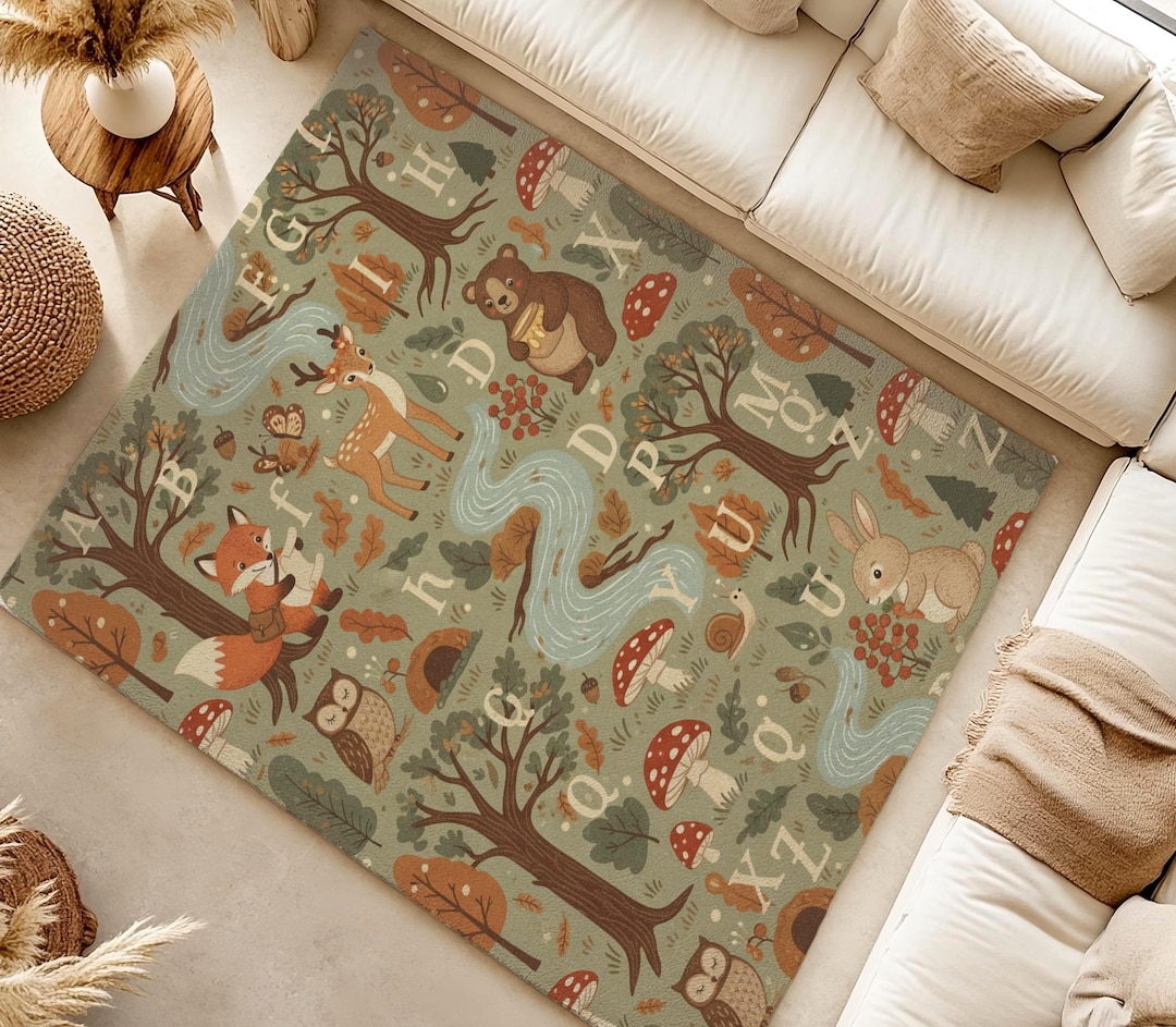 Woodland Animal Alphabet Learning Rug | Nursery Play Mat - Etsy
