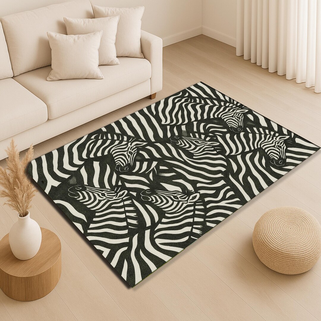 Zebra Print Rug - Safari Animal Carpet, Jungle Theme Floor Mat, Black ...