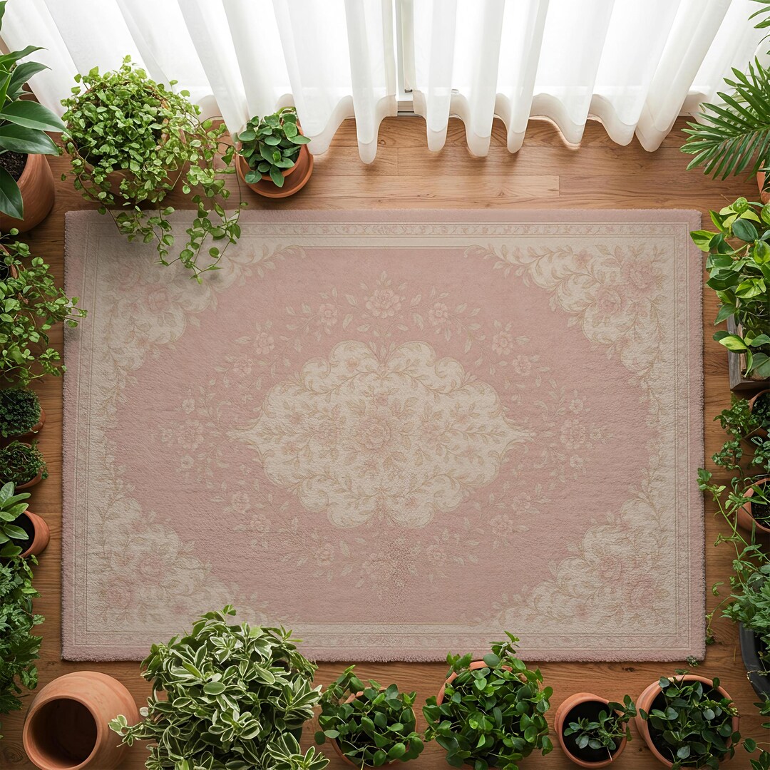 Blush Pink Floral Area Rug: Boho Farmhouse Style, Washable Low Pile ...