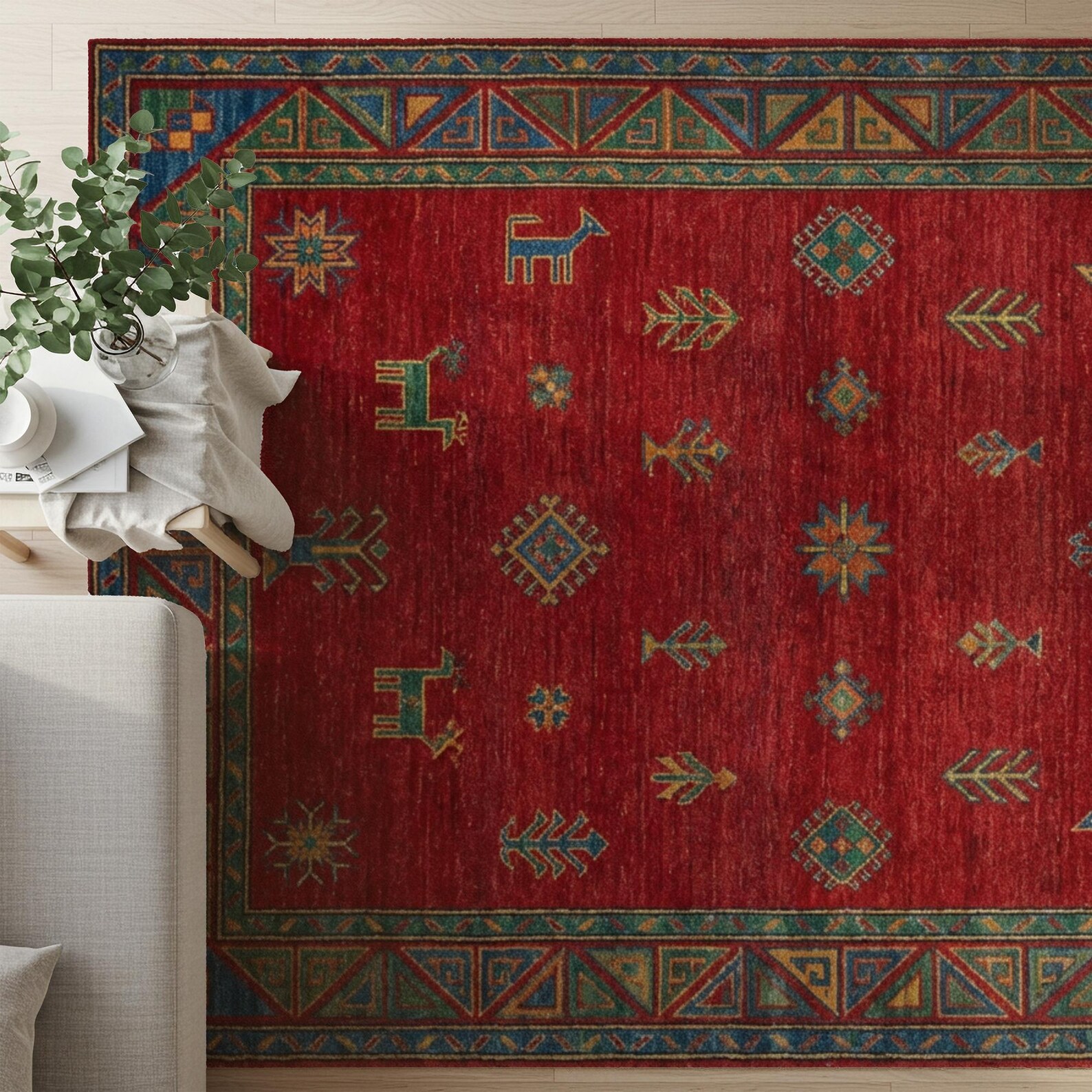 Red Tribal Area Rug With Folk Animal Motifs – Southwestern Boho Living ...