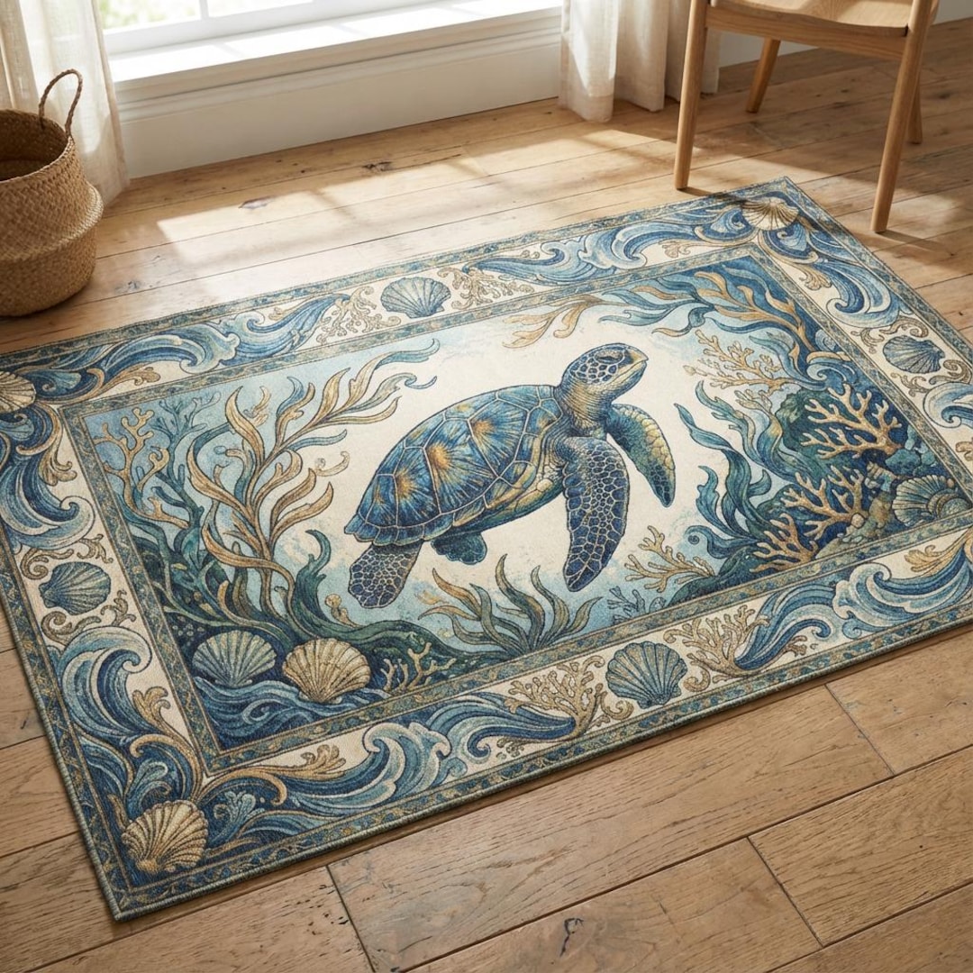 Sea Turtle Area Rug With Ornate Ocean Frame Coastal Nautical Nature ...