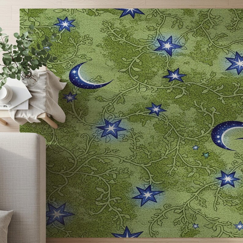 Whimsigoth Celestial Rug: Moon, Stars, Green Vines - Washable - Etsy