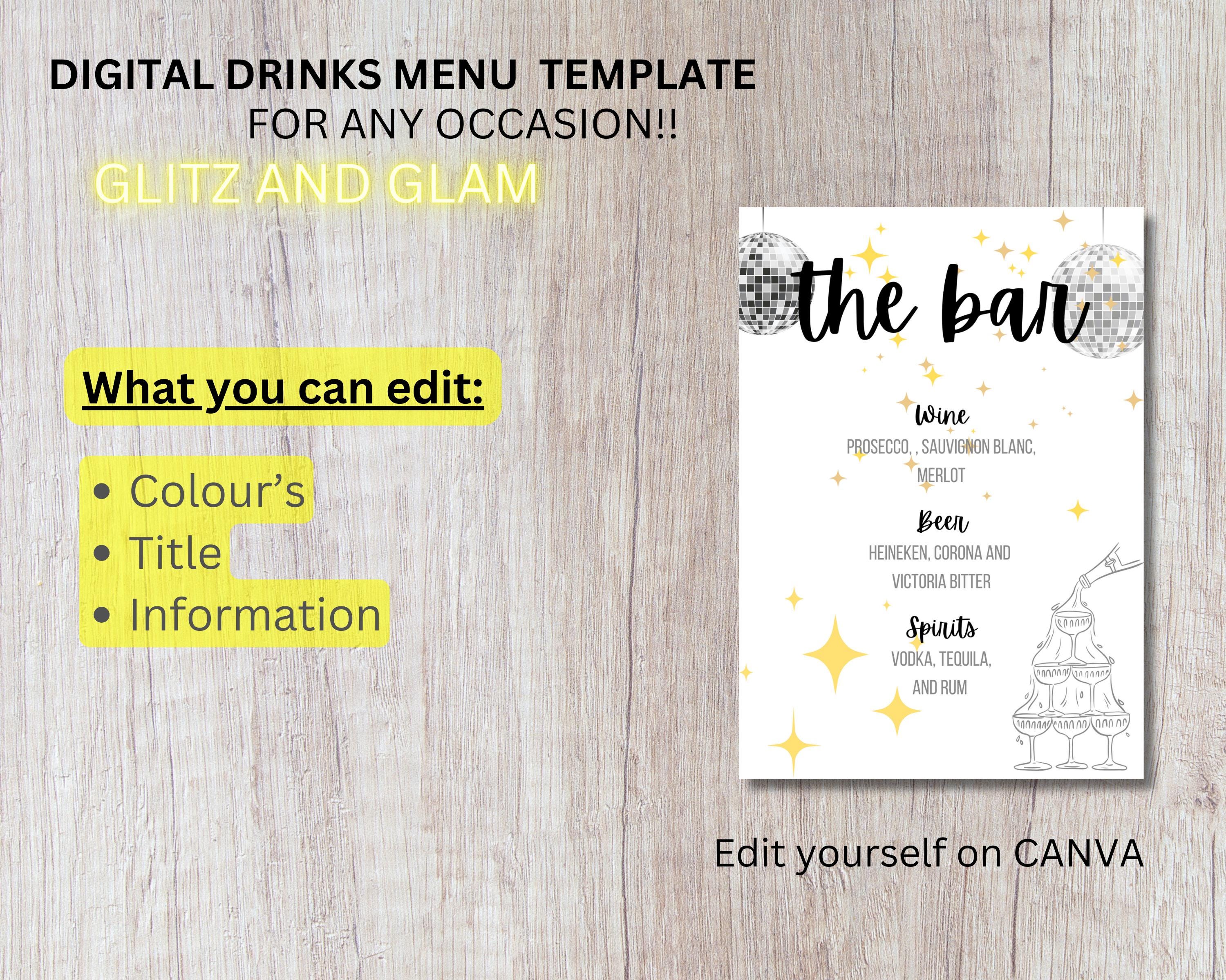 Disco Ball Bar Menu Template: Glam Party Sign (editable Canva, Instant ...