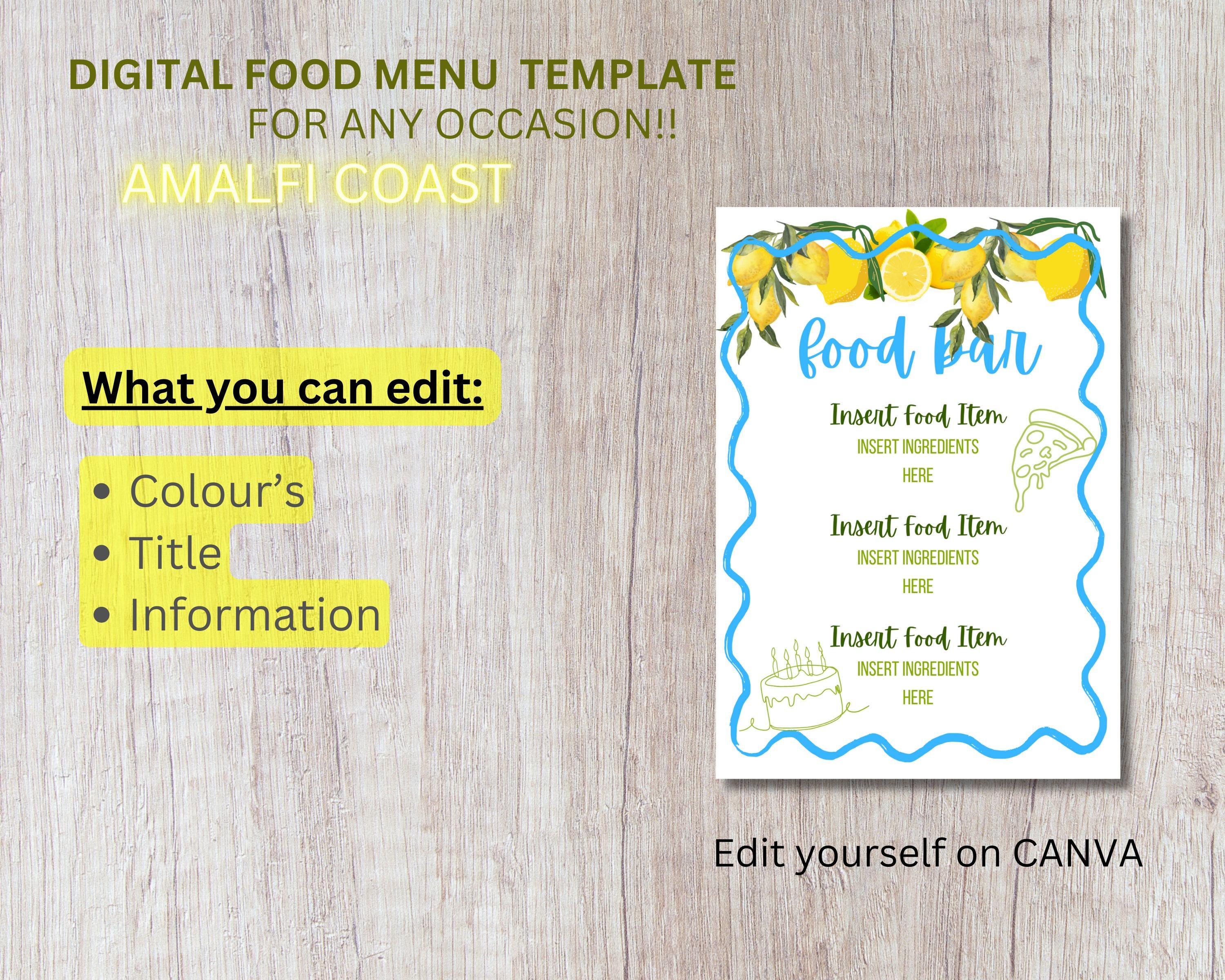 Amalfi Coast Lemon Food Menu Sign: Editable Canva Template (instant ...