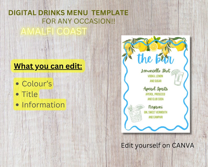 Amalfi Coast-inspired Drinks Menu | Italian-themed Bar Sign | Printable ...