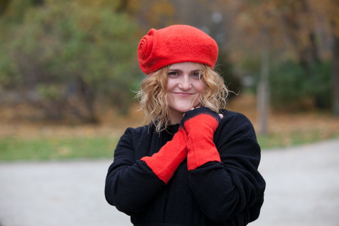 Felt Set Hat and Gloves Merino Wool Set Red Color Hat | Etsy