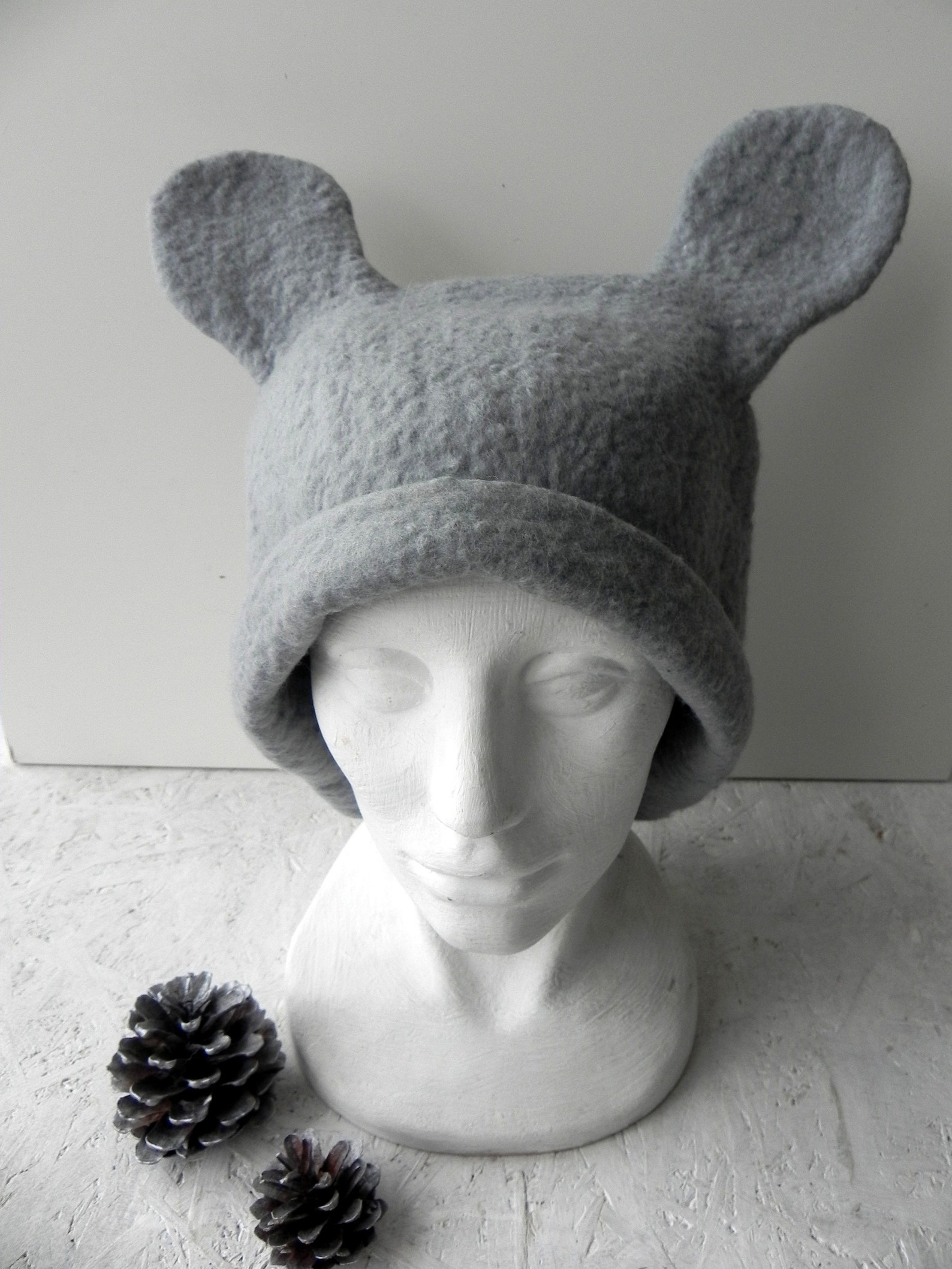 Felted Hat With Ears Gray Wool Hat Original Hat Warm - Etsy