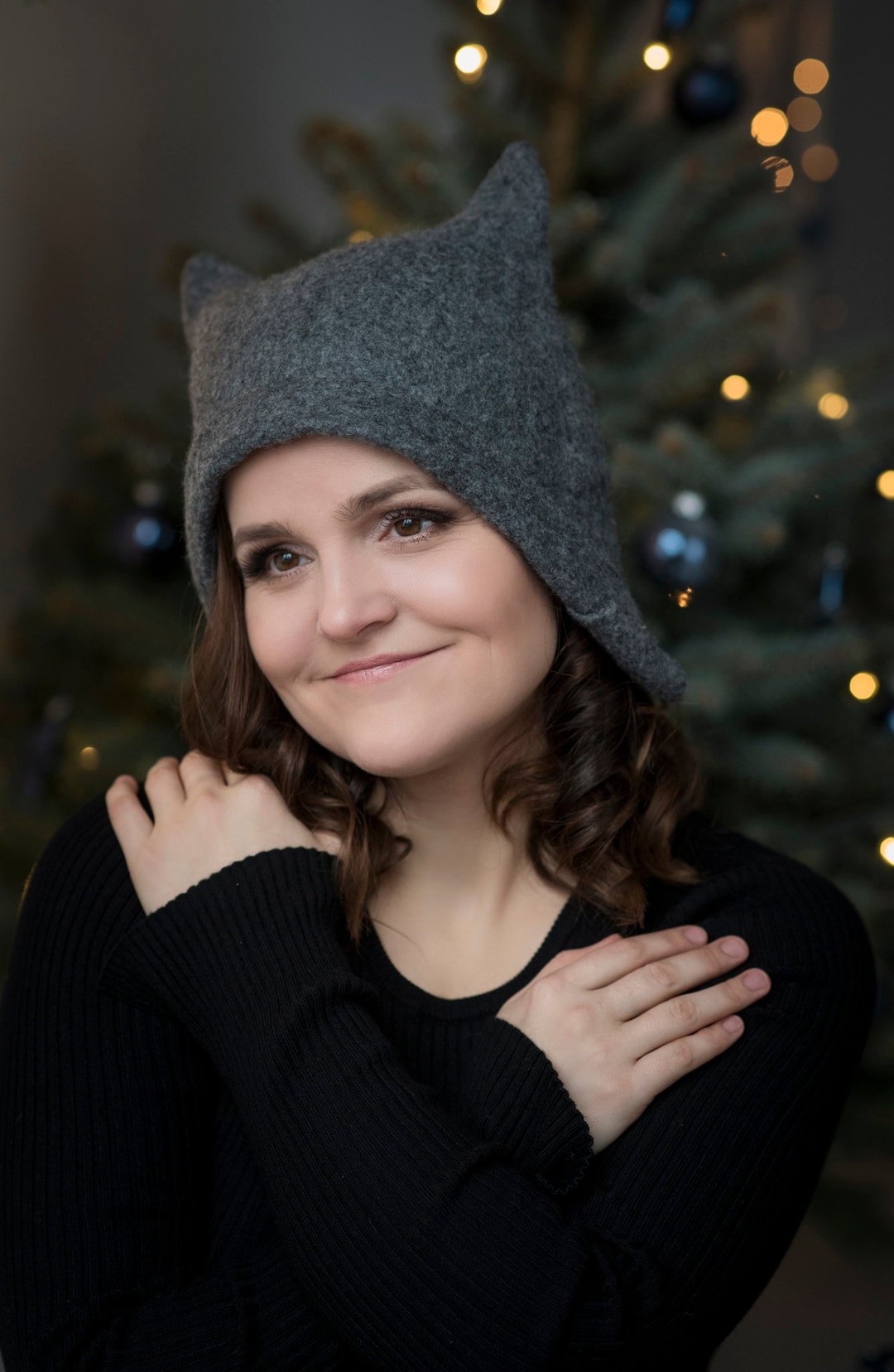 Dark Gray Color Felted Hat With Ears, Original Hat, Warm Hat, Designer ...