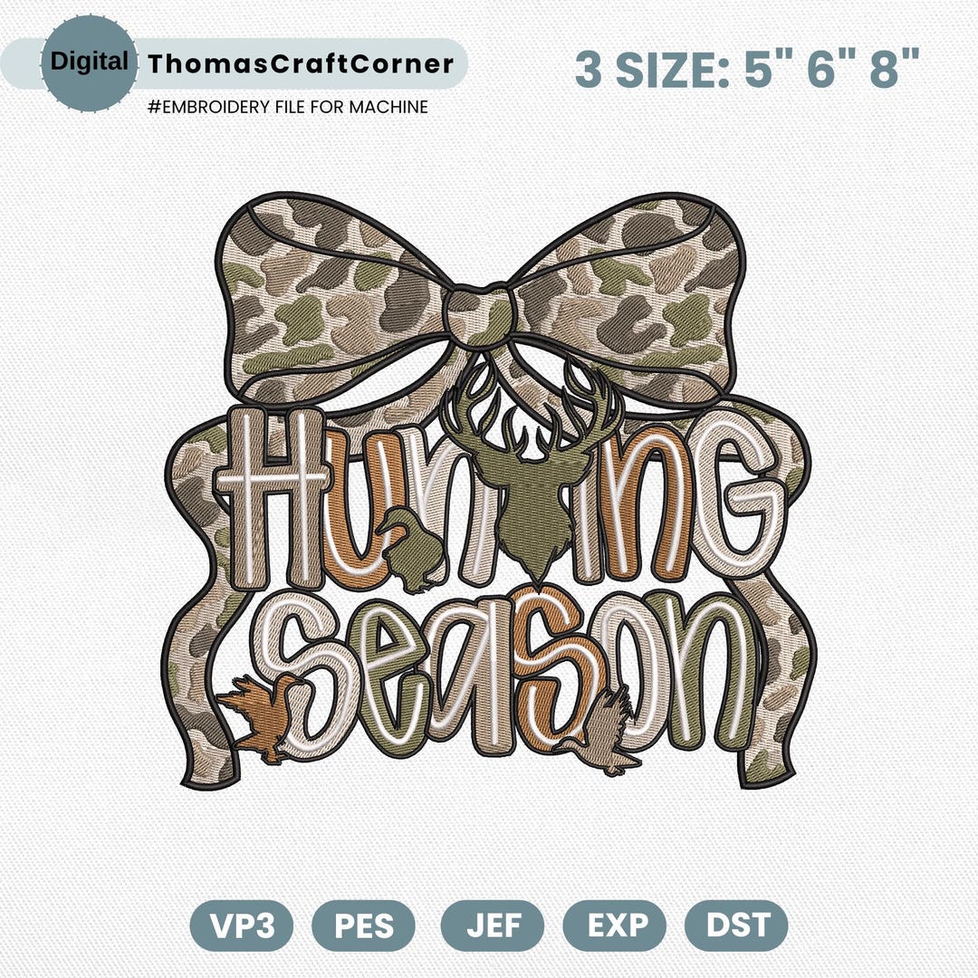 Camo Hunting Season Embroidery File, Hunting Coquette Bow Embroidery ...
