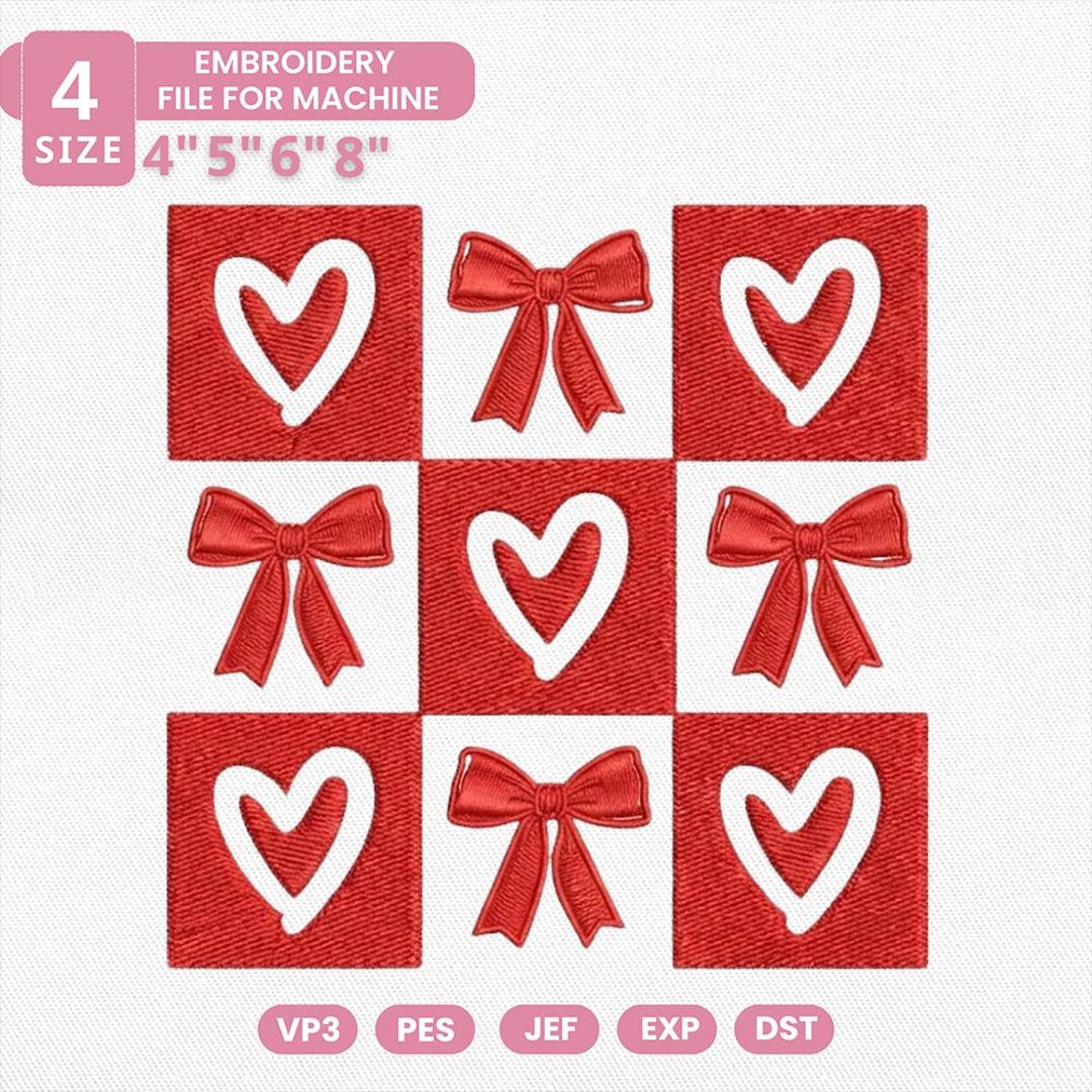 Valentine Coquette Heart Embroidery File, Retro Checker Bow Love ...