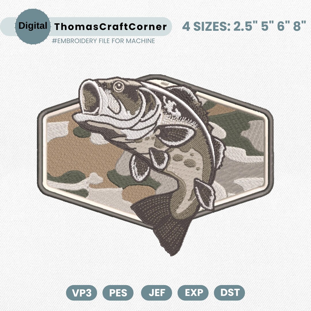 Camouflage Fishing Embroidery Design, Bass Fishing Embroidery Machine ...