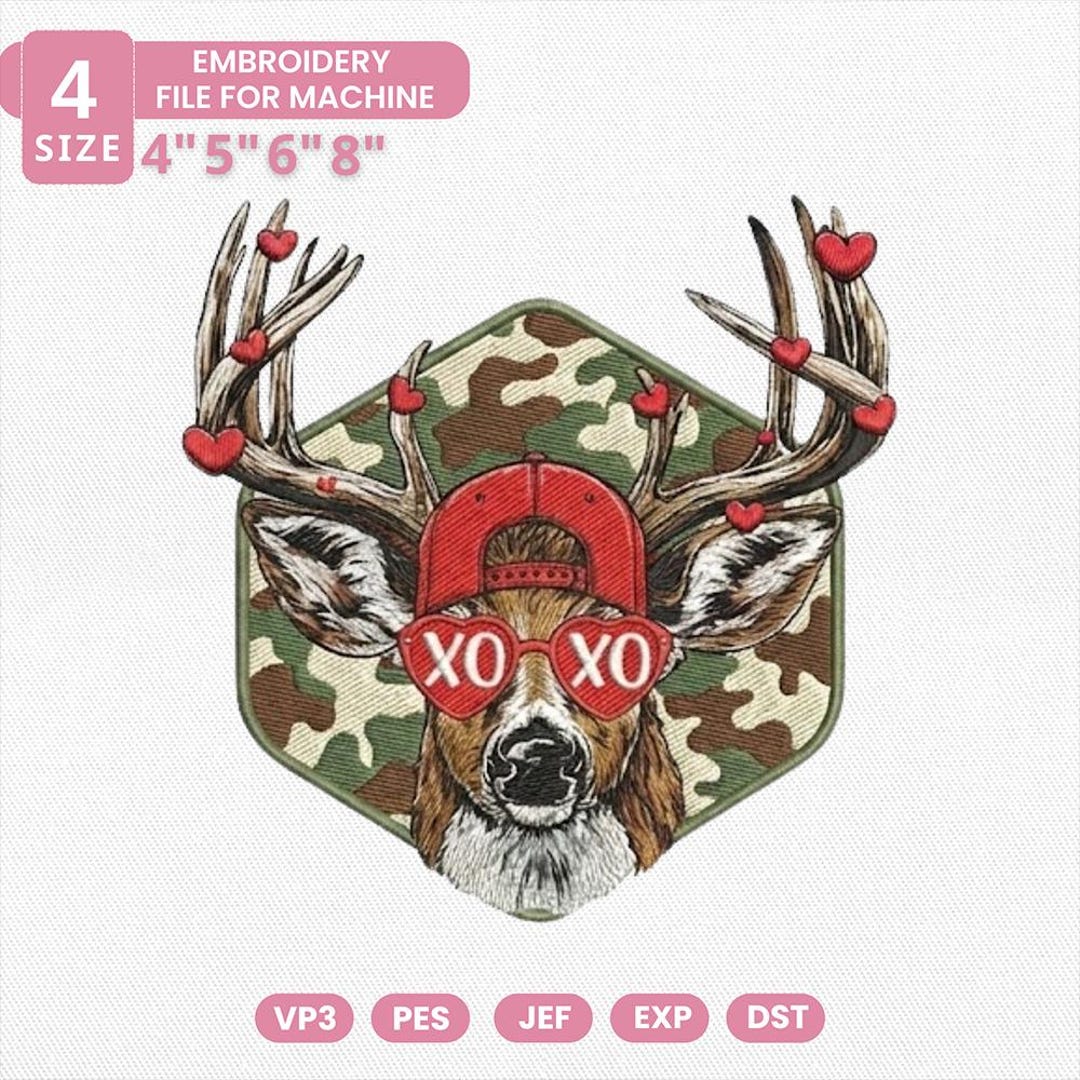 Valentine Deer Embroidery File, Retro Valentines Hunting Embroidery ...