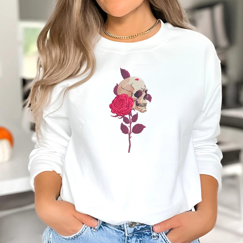 Floral Skull Embroidery Design, Retro Halloween Skeleton Embroidery ...
