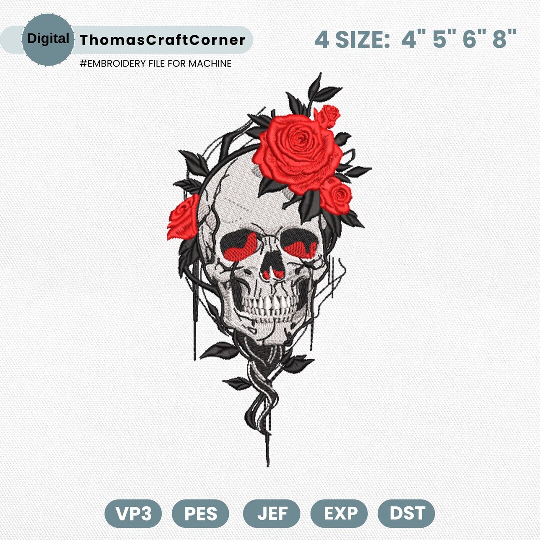 Retro Floral Skull Embroidery Design, Gothic Halloween Skeleton ...