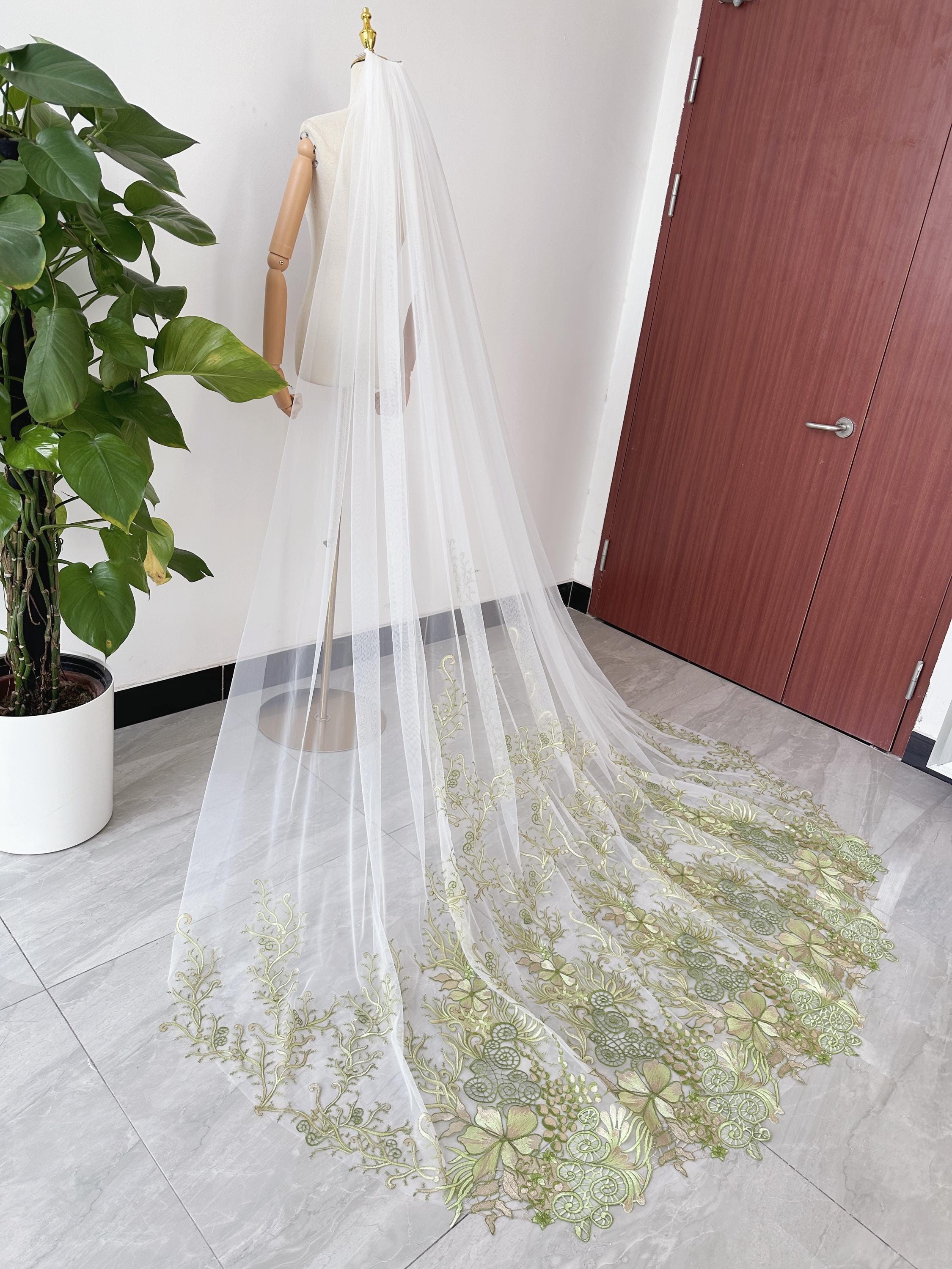 Fresh Green Lace Flower Bridal Veil, Unique Embroidered Wedding Veil ...