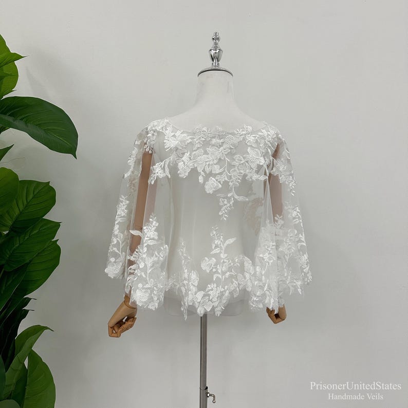 High Low Bridal Capelet, Floral Lace Bridal Cape, Elegant Lace Wedding ...