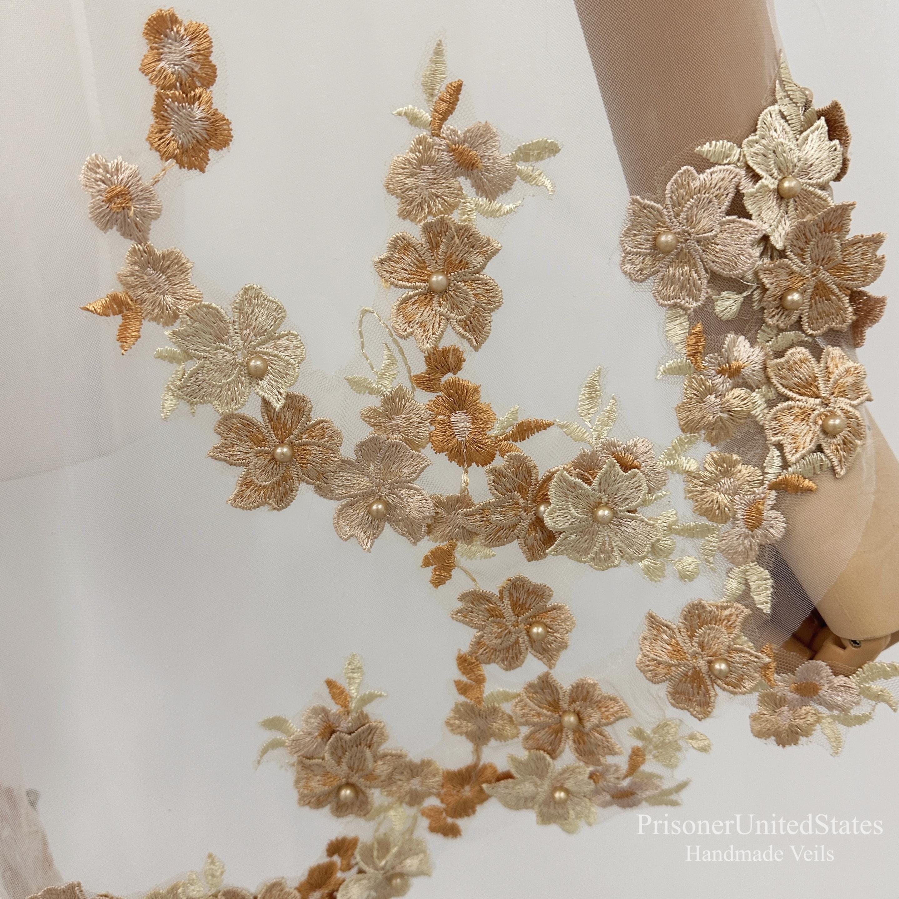 Classic Khaki 3D Small Petals Veil, Lace Flower & Pearl Wedding Veil ...