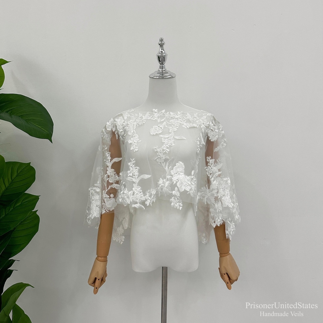 High Low Bridal Capelet, Floral Lace Bridal Cape, Elegant Lace Wedding ...